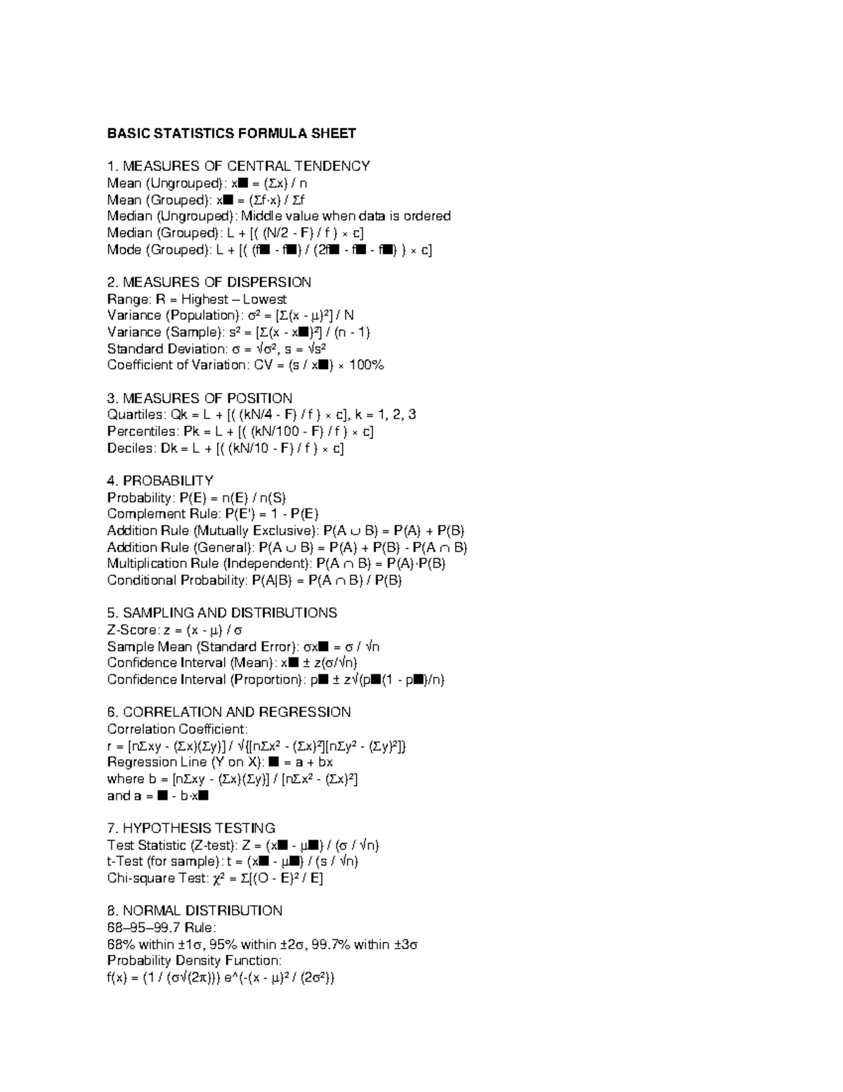 BASIC STATISTICS FORMULA SHEET: MEASURES & PROBABILITY (STAT101) - Studocu
