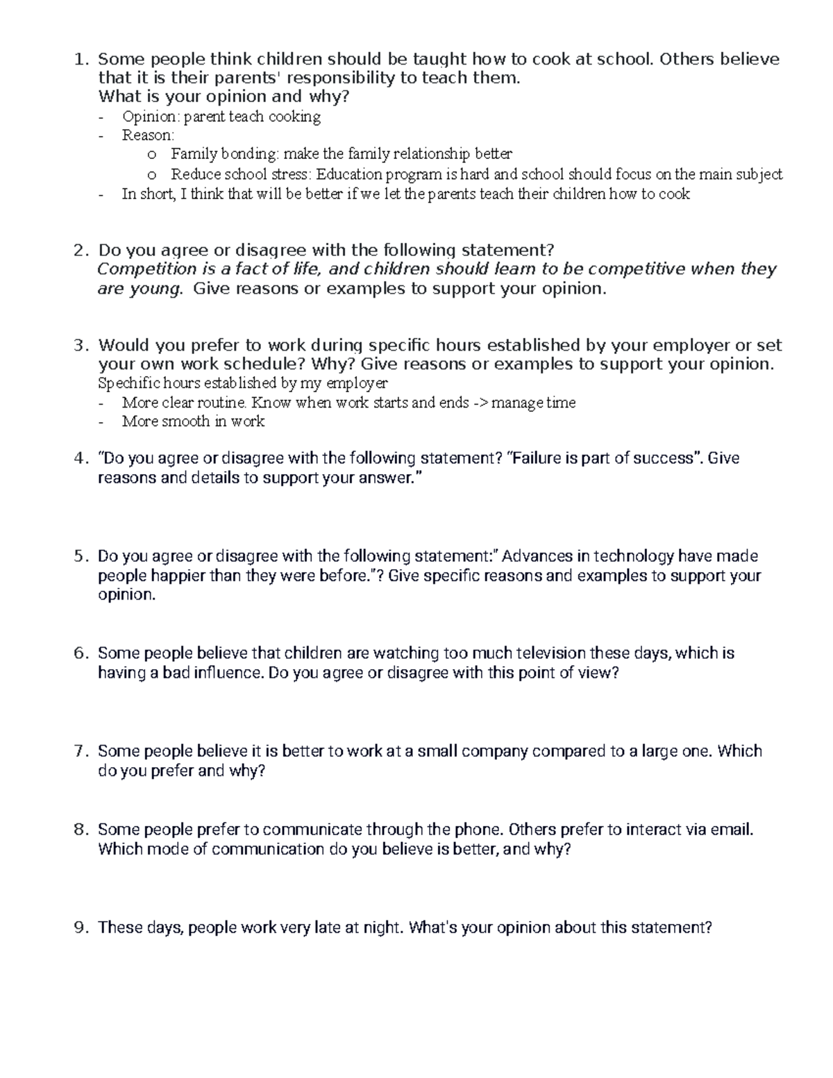 TC3 Speaking Questions: Opinions on Cooking, Competition, and Work ...