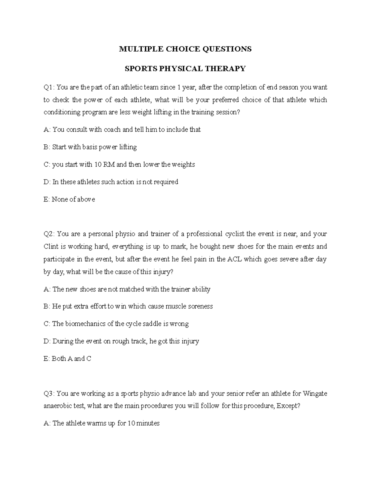Sports Physical Therapy MCQs for Exam Preparation - Studocu