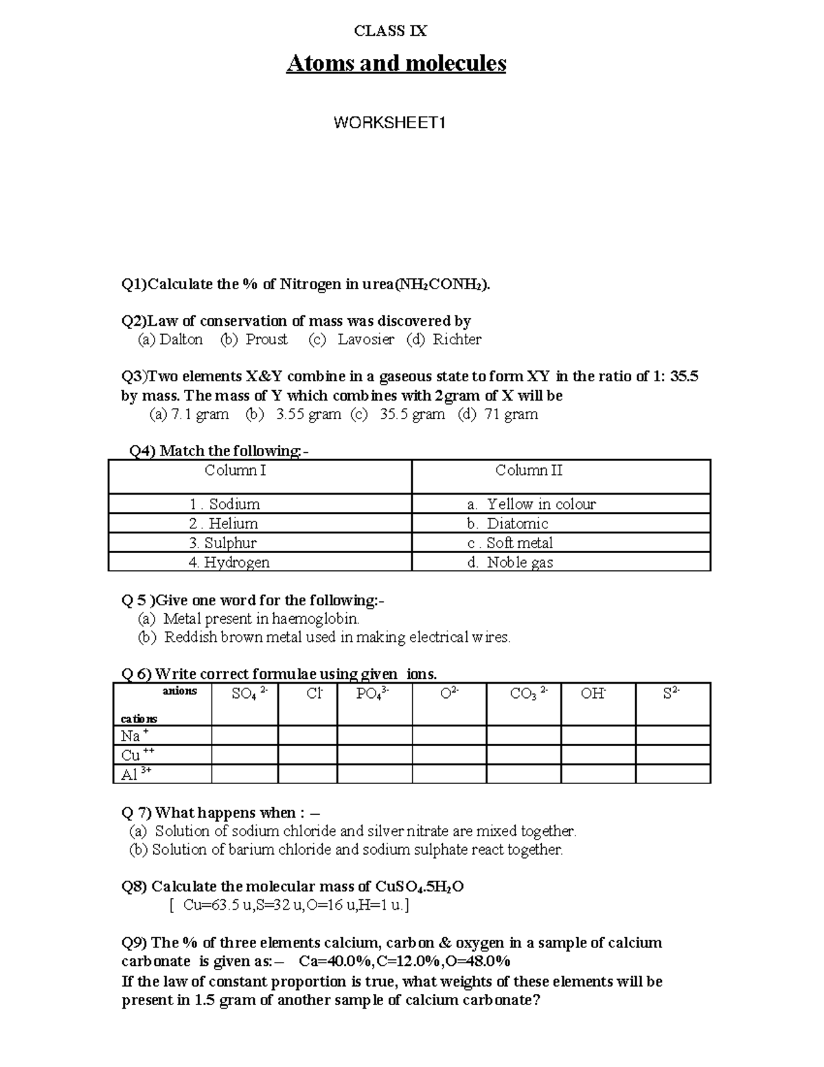 CLASS IX Chemistry Lesson 3 Atoms & Molecules Worksheet 1 - Studocu