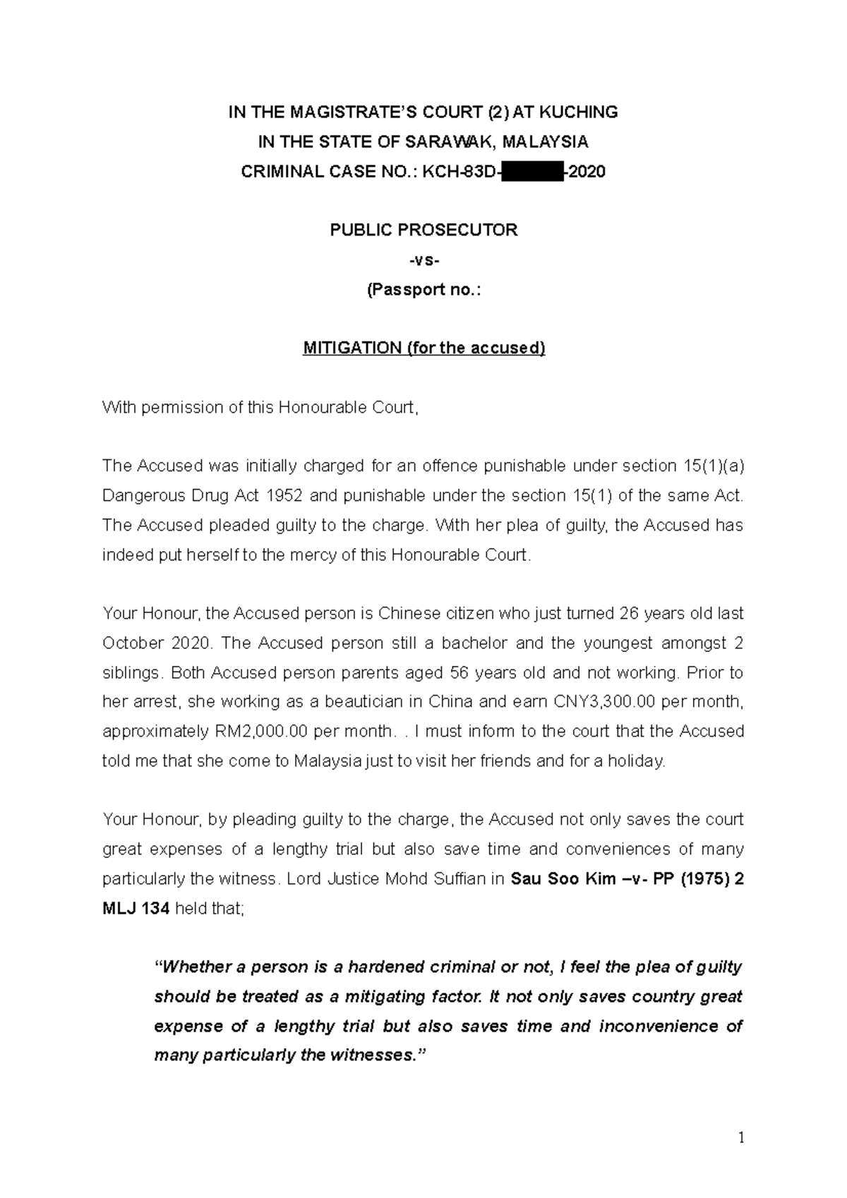 Mitigation Plea for Criminal Case KCH-83D-1235/11: Analysis and ...