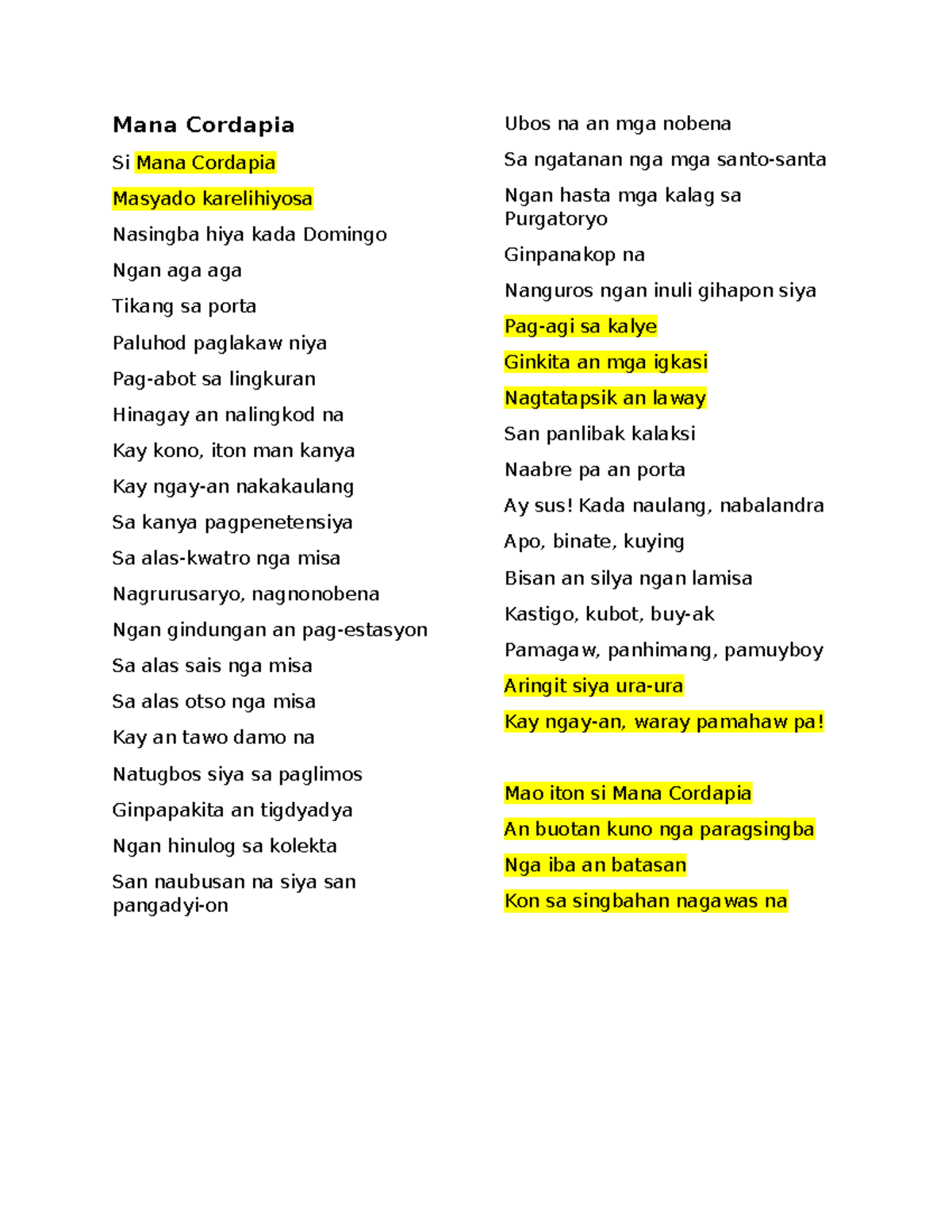 Script - Mana Cordapia G11: A Comedy of Church and Community - Studocu