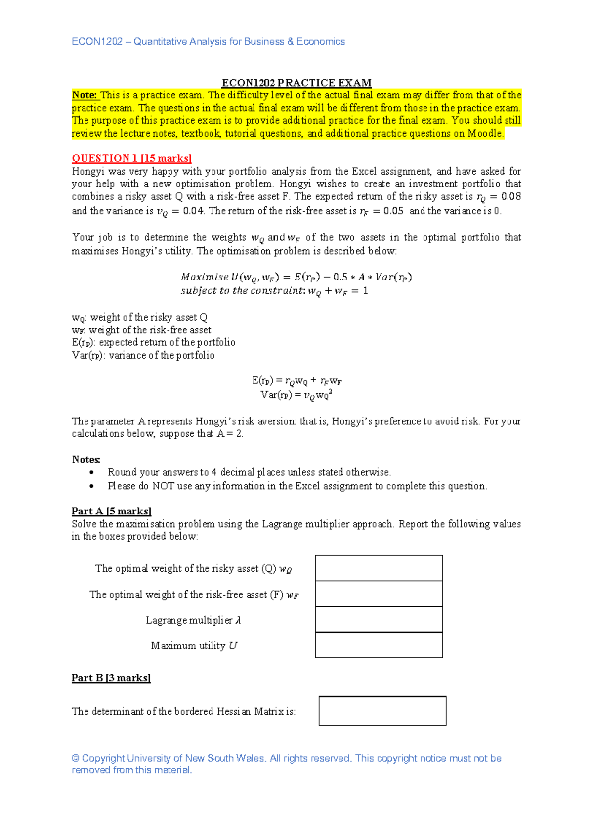 ECON1202 Quantitative Analysis for Business Economics Practice Exam ...