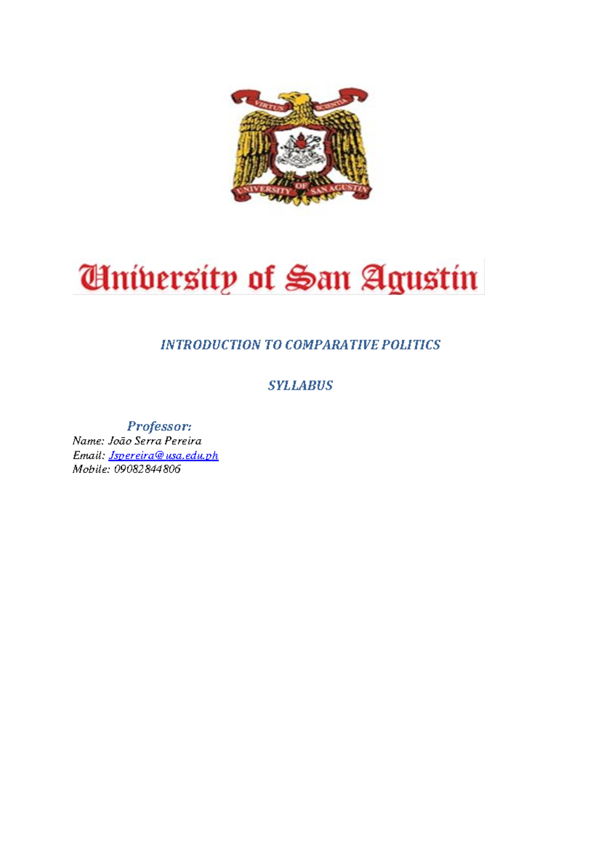 Introduction TO Comparative Politics Syllabus - INTRODUCTION TO ...