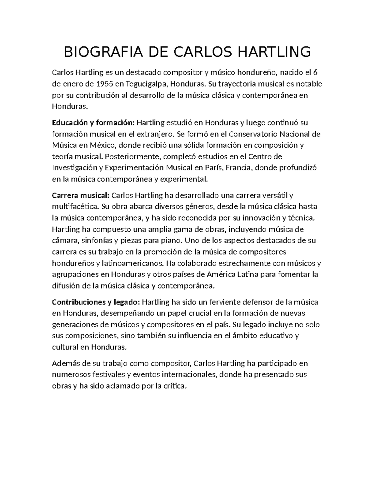 Biografía de Carlos Hartling: Compositor Hondureño (Curso 2023) - Studocu