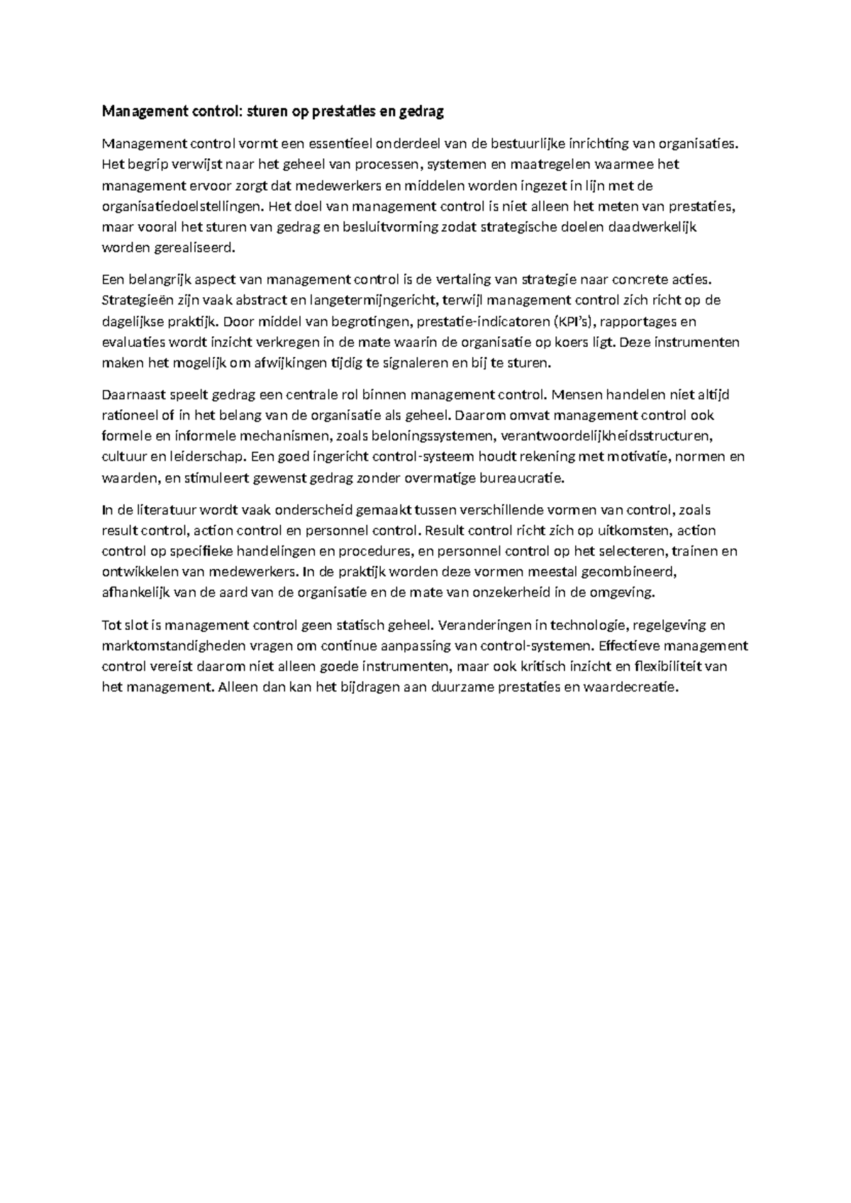 Management Control: Sturen op Prestaties en Gedrag (MC 101) - Studeersnel