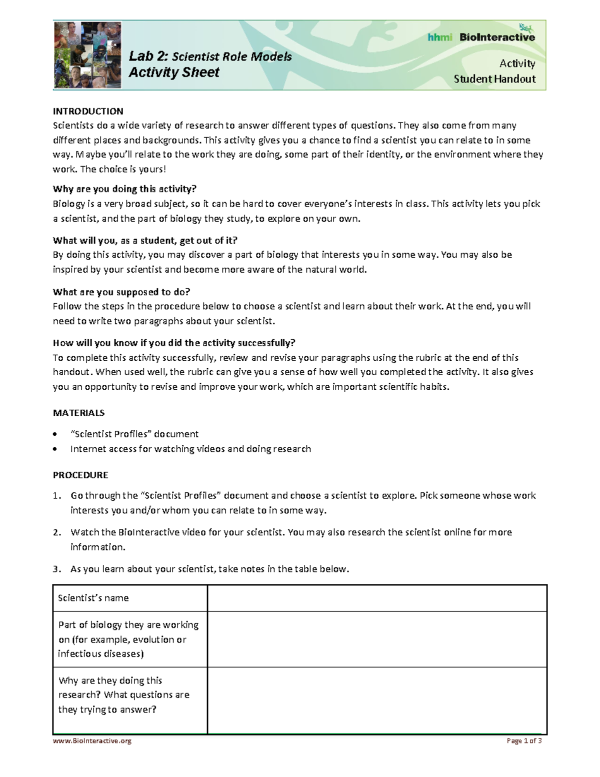 Biology Lab 2: Exploring Scientist Role Models - Student Handout - Studocu