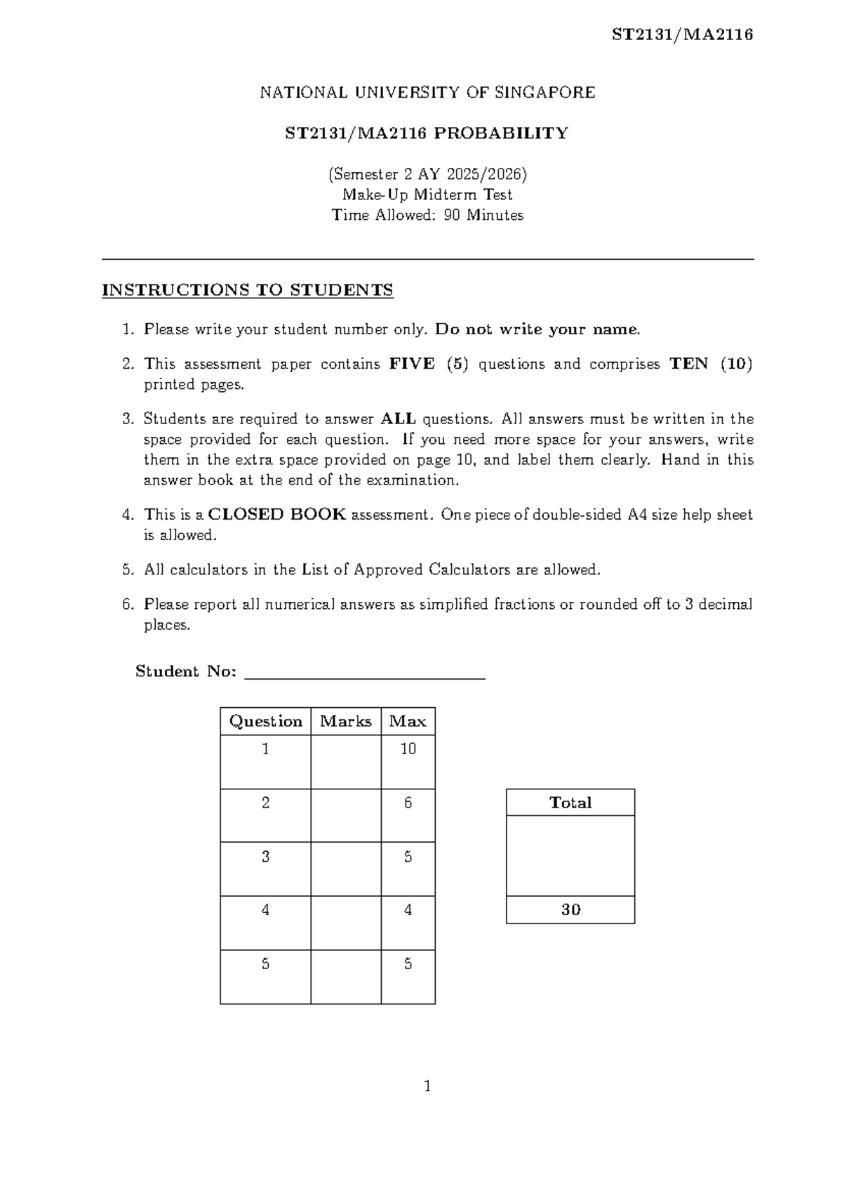 ST2131 AY2526 Sem 2 Midterm Makeup Solutions - Studocu