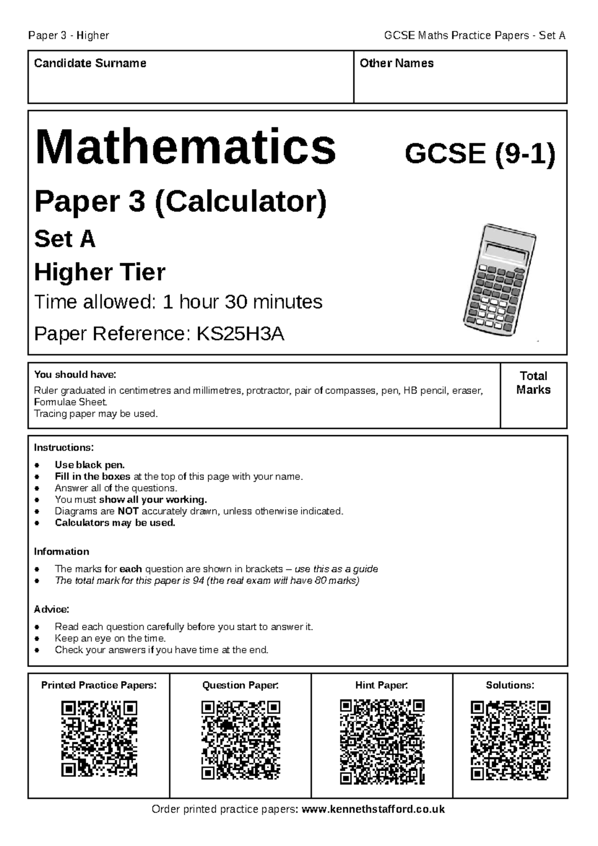 Paper 3 Higher Tier GCSE Maths Practice Questions Set A - Studocu