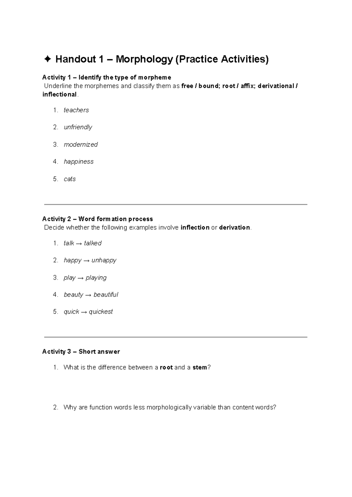 Morphology & Semantics Practice Activities (Handouts 1-3) - Studocu