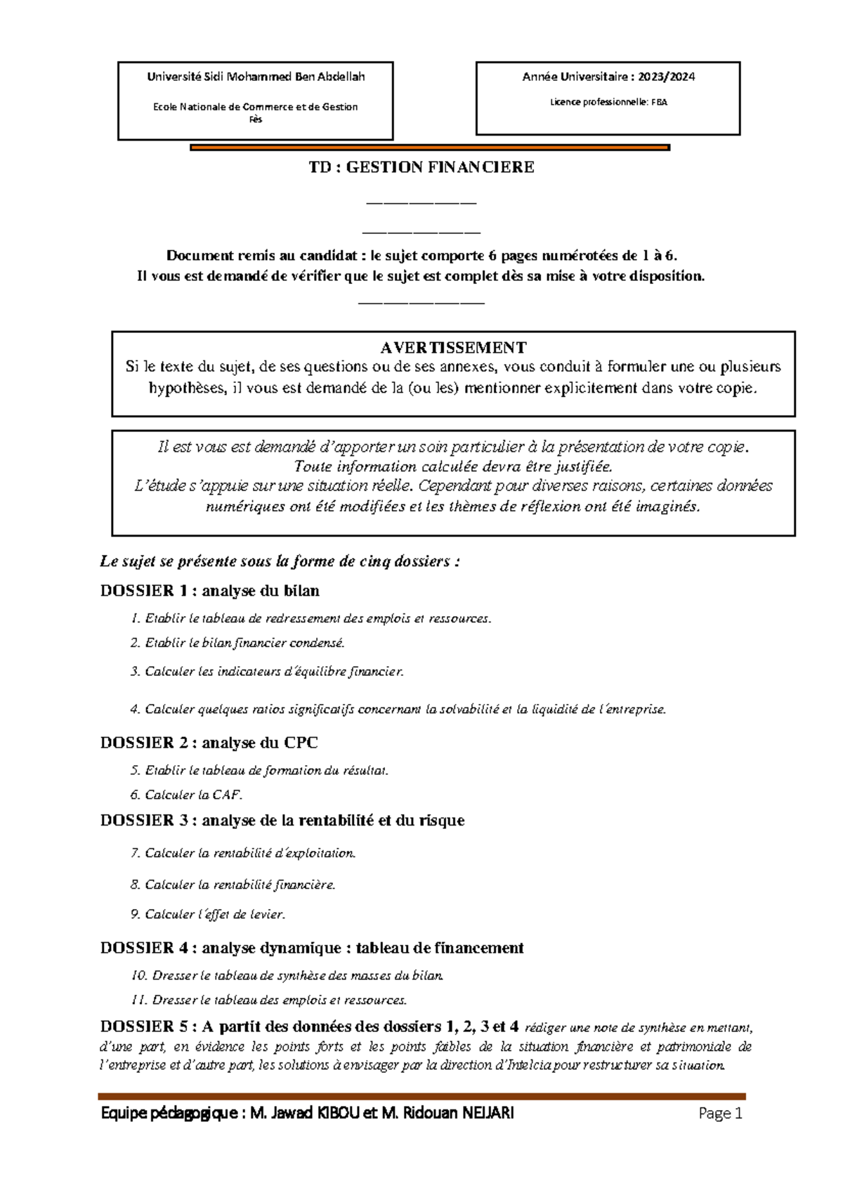 Étude de Cas : Gestion Financière - Licence FBA ENCG - Studocu