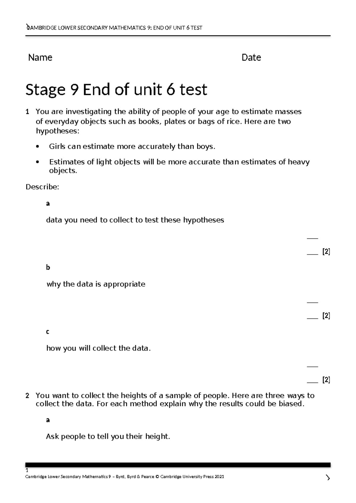 Unit 6 End-of-Unit Test: Weight Estimation & Data Collection Methods ...