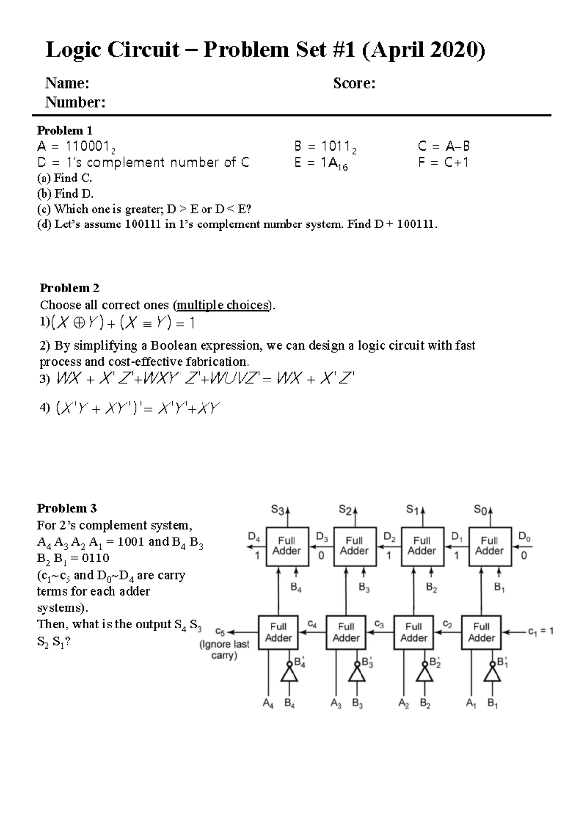 Logic Circuit Problem Set 1 (April 2020) - Studocu