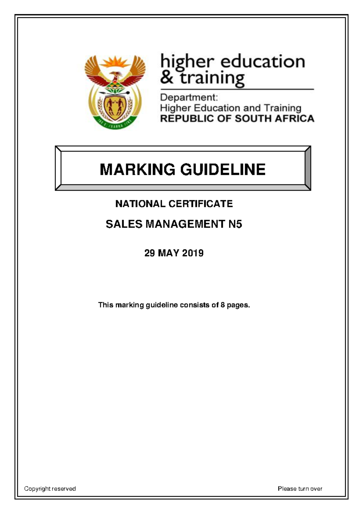 N1440 - Sales Management N5 MEMO MARKING GUIDELINE MAY 2019 - Studocu