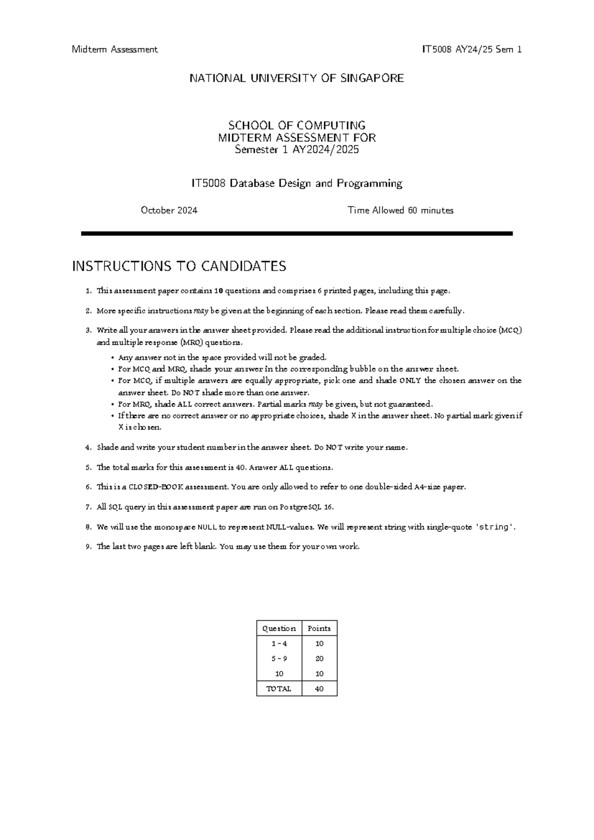 Midterm Assessment IT5008 Sem 1: Database Design & Programming - Studocu