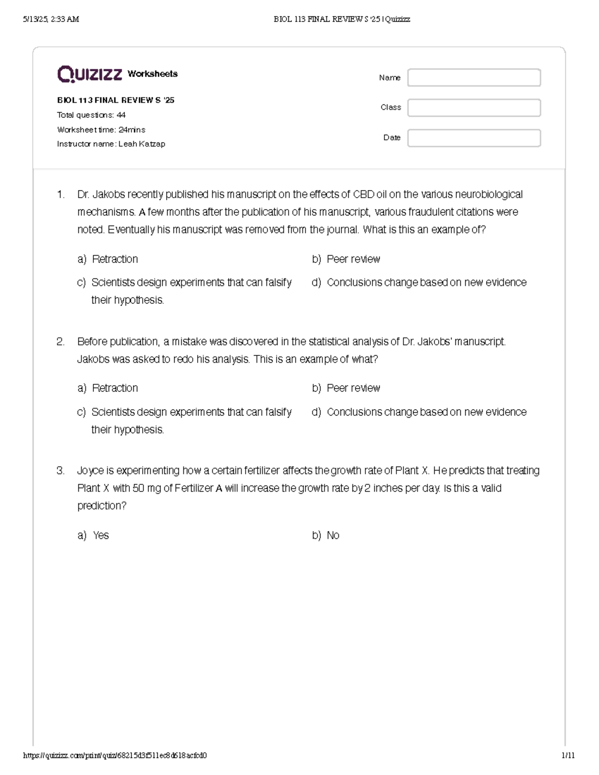 BIOL 113 FINAL REVIEW S '25 Quizizz Worksheets and Answer Keys - Studocu