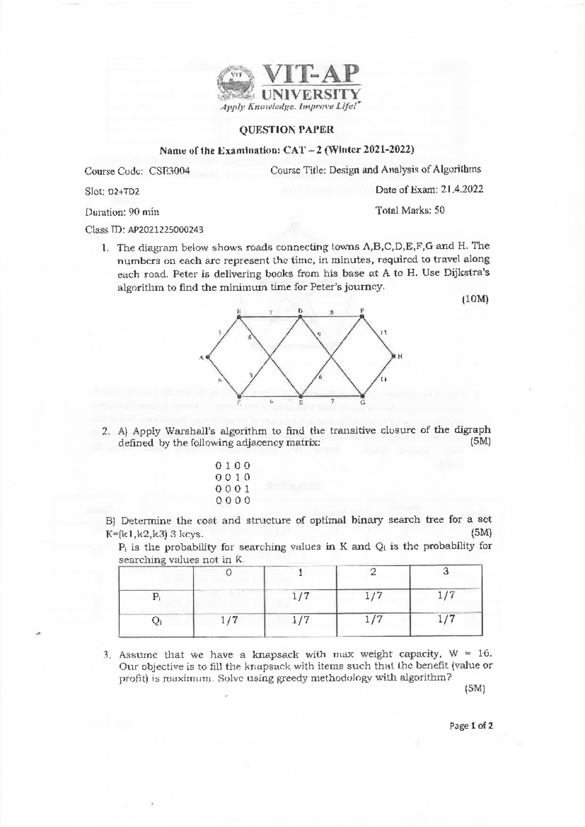 CSE3004 CAT 2 Previous Year Question Paper on Algorithms - Studocu