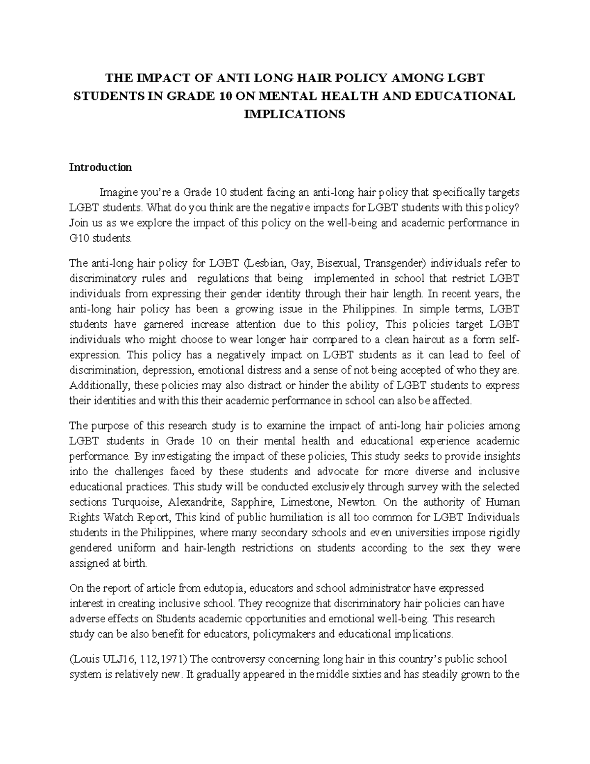 The Impact of Anti-Long Hair Policy on Grade 10 LGBT Students' Mental ...