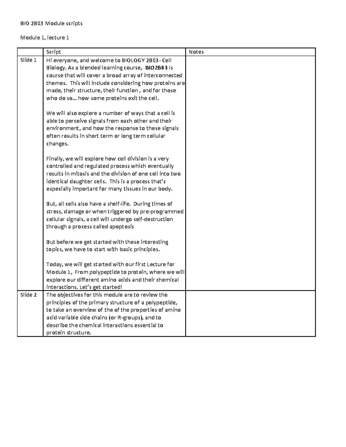 BIO2B03 Module 1 Lecture 1: Introduction to Cell Biology and Proteins ...