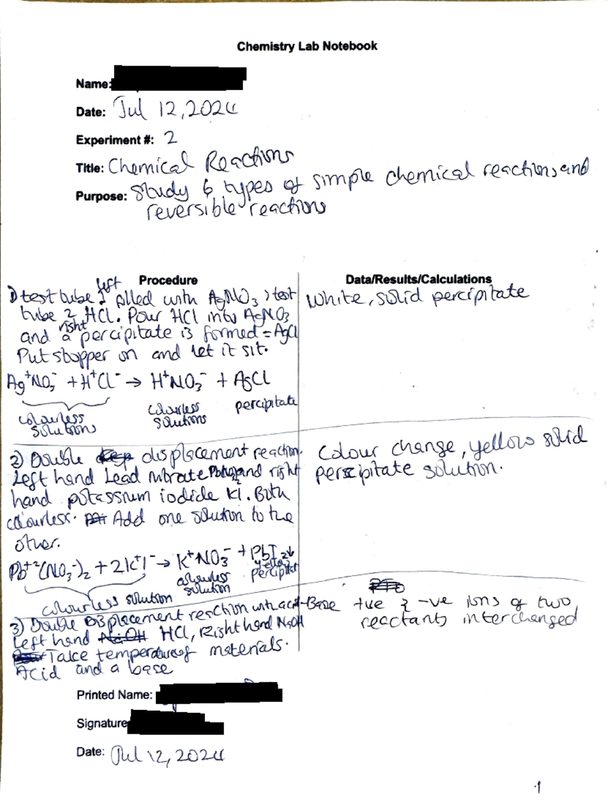 CHEM 103 Lab 2 Final - LAB 2 NOTES - Name: OpM.\i:4 On; Date: ~u_ l 2 / ...