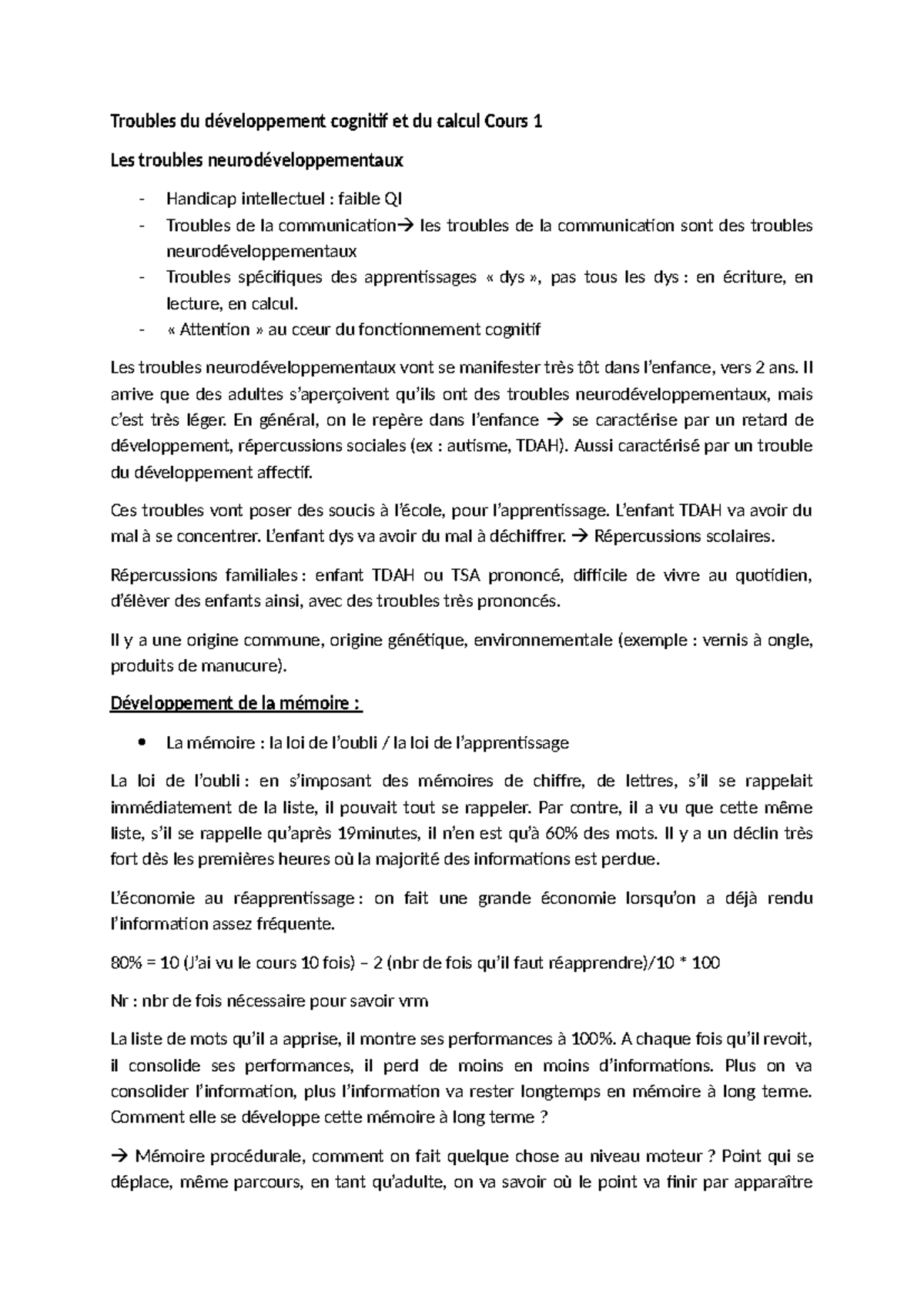 Troubles du Développement Cognitif et du Calcul - Cours 1 - Studocu