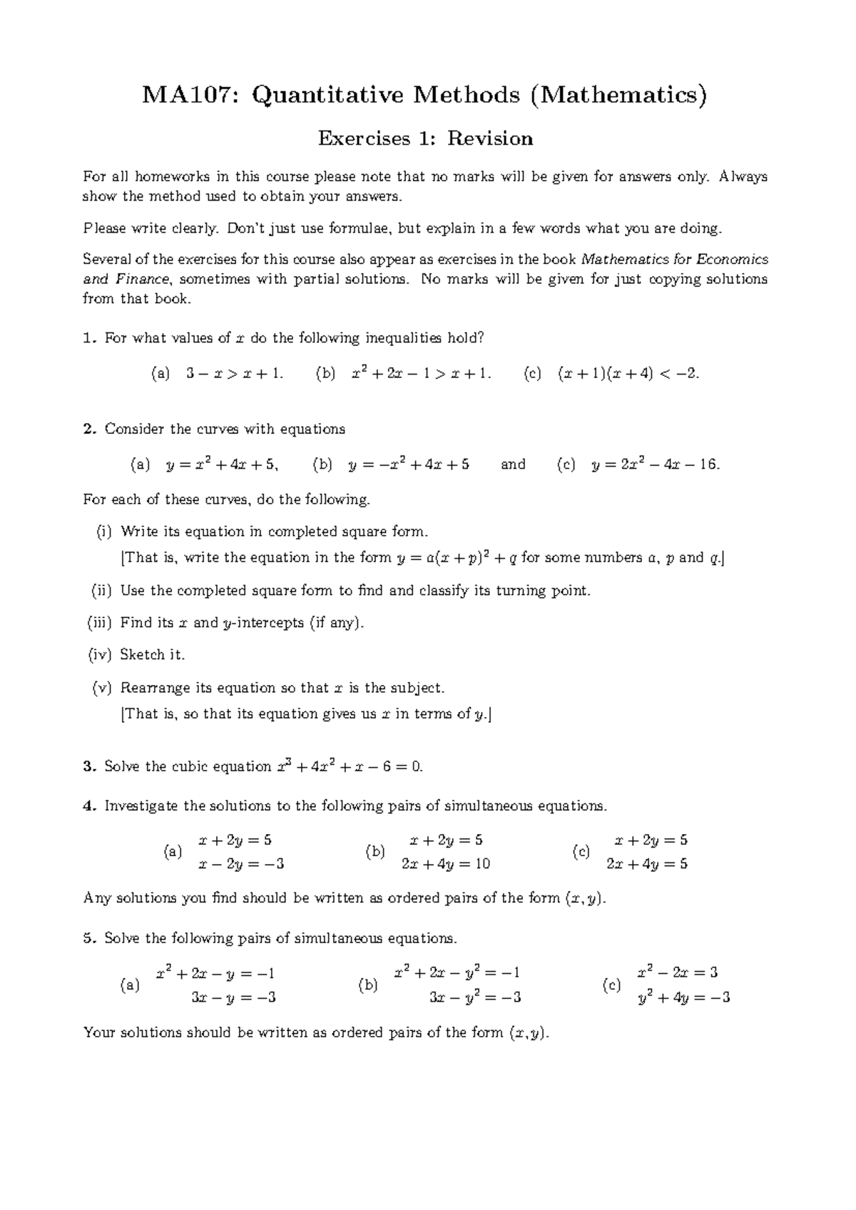 MA107: Quantitative Methods Exercises 1 Revision Guide - Studocu