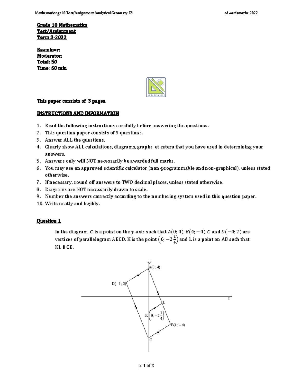 Grade 10 Analytical Geometry Test T3 2022 - Edwardsmaths - Studocu
