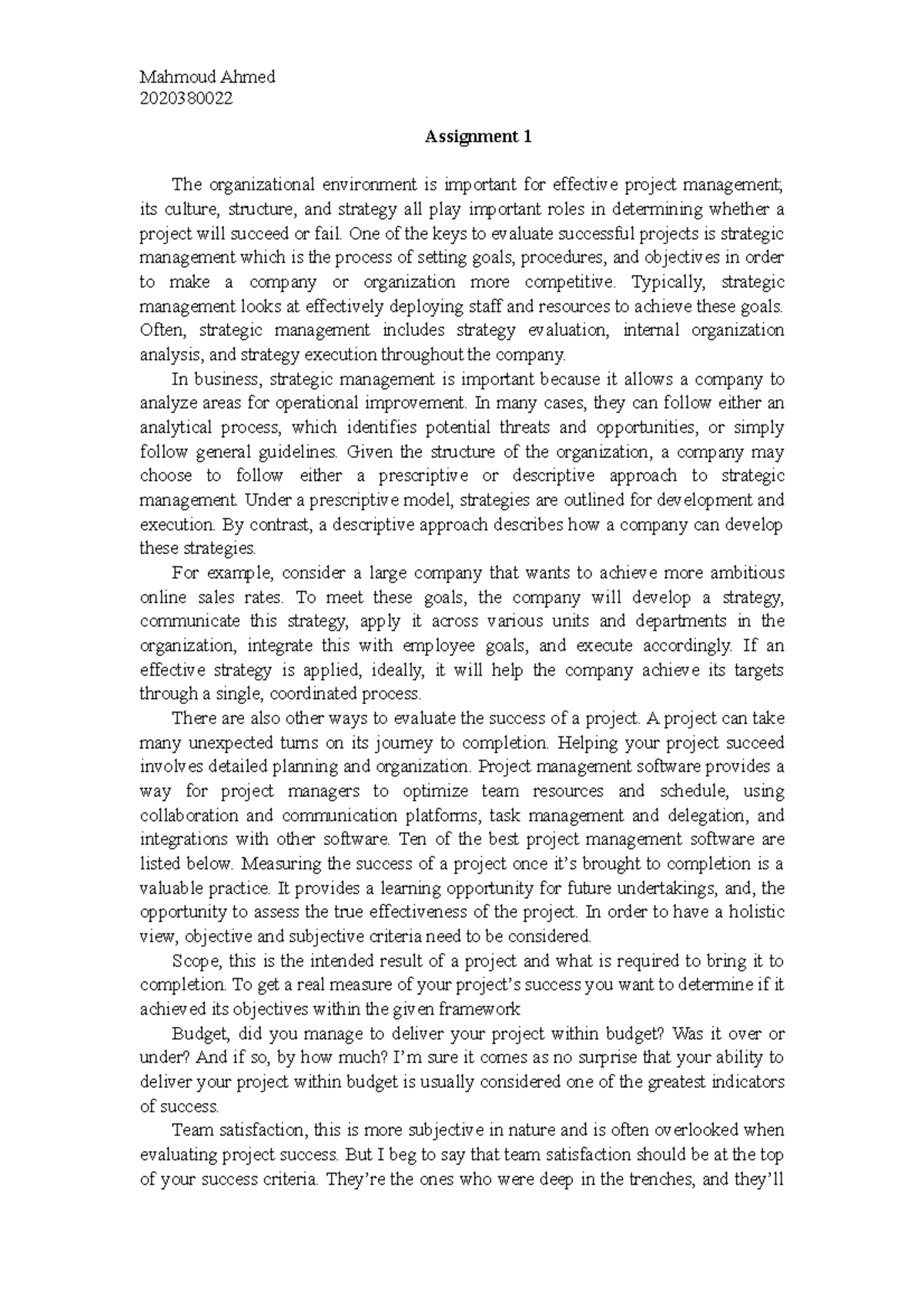 PR Assignment 1: Strategic Management and Project Success Evaluation ...