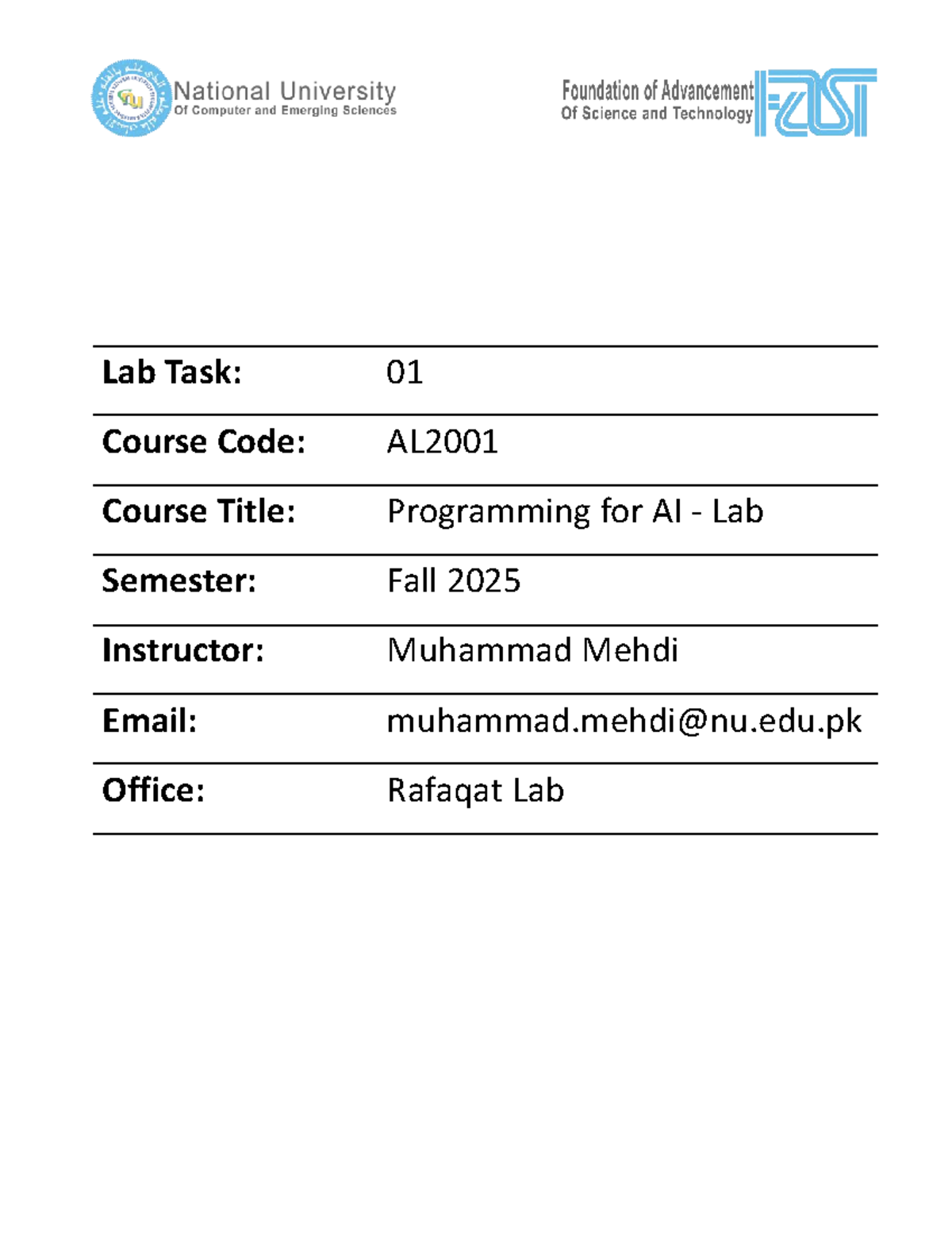 Lab Task 01: Python Programming for AI (AL2001) - Fall 2025 - Studocu