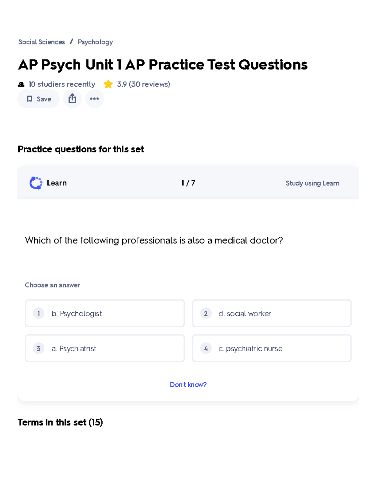 AP Psych Unit 1 Practice Test Questions Flashcards - Studocu