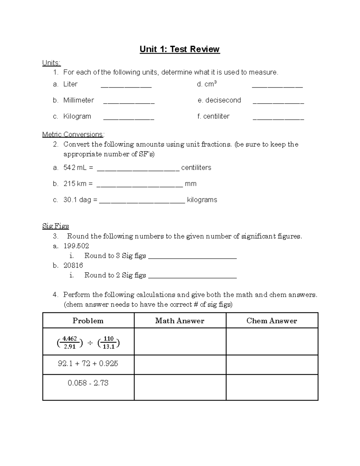 Unit 1: Chem Test Review & Measurement Practice - Studocu