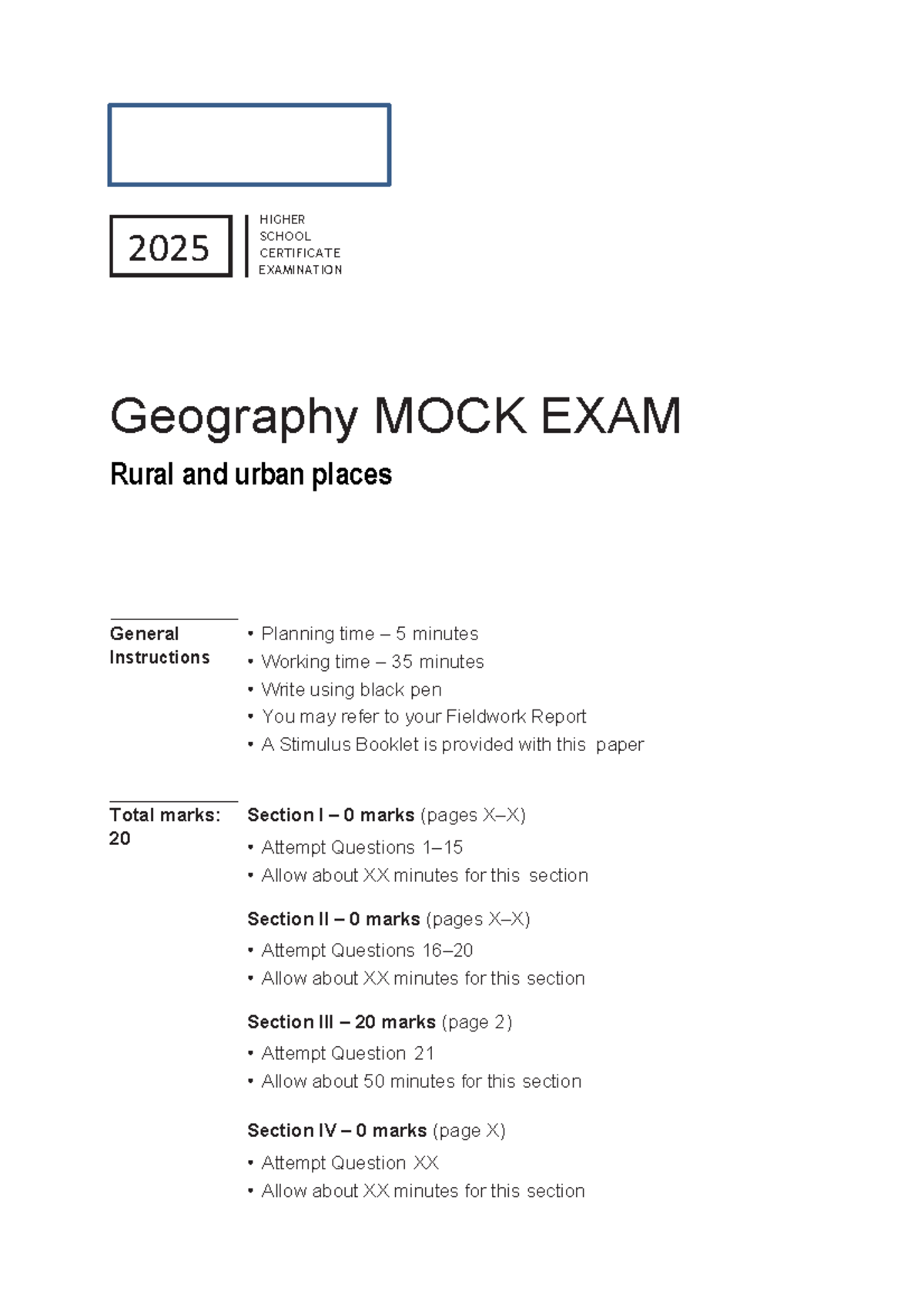 2025 HSC Geography MOCK EXAM: Rural & Urban Places Analysis - Studocu