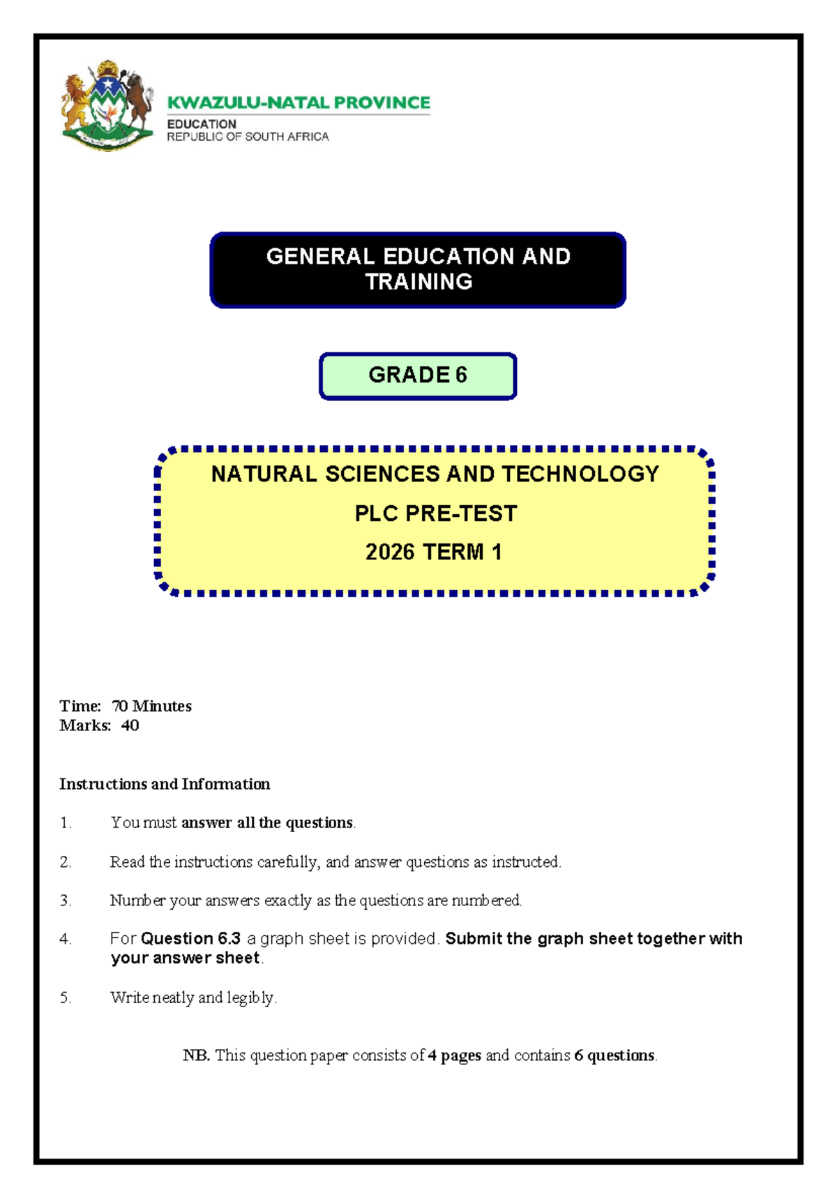 PLC Pre-Test: Grade 6 Natural Sciences & Technology Term 1 2026 - Studocu