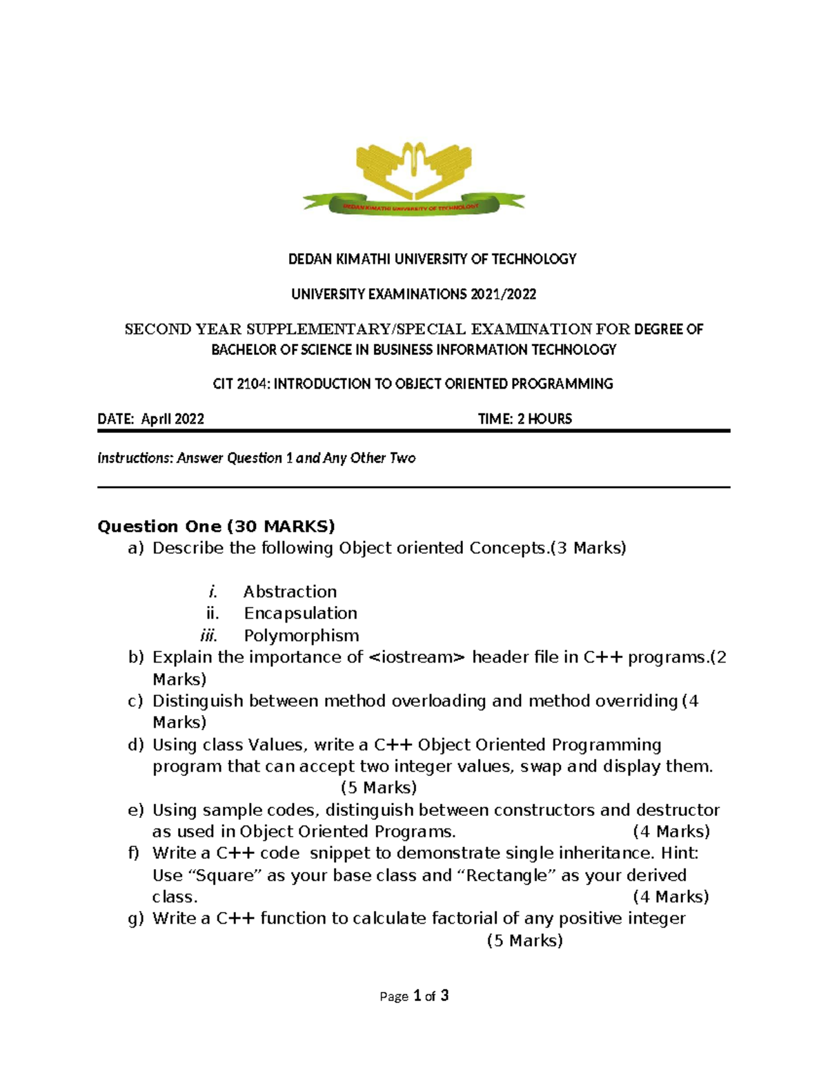 CIT 2104 Final Exam: Object Oriented Programming Concepts ...