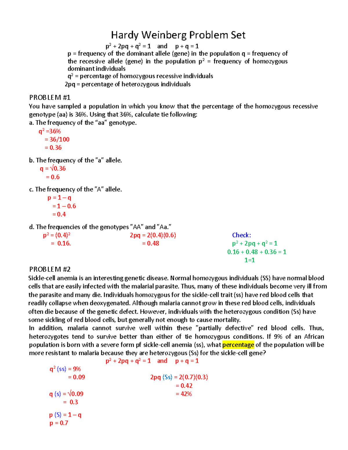 Hardy Weinberg Practice Problems: Genotype & Allele Frequencies - Studocu