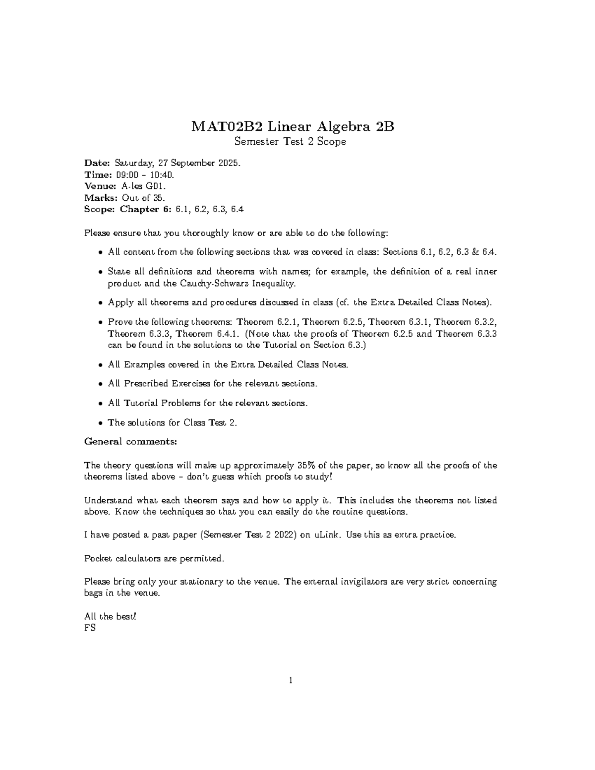 MAT02B2 Linear Algebra 2B Semester Test 2 Study Guide - Studocu
