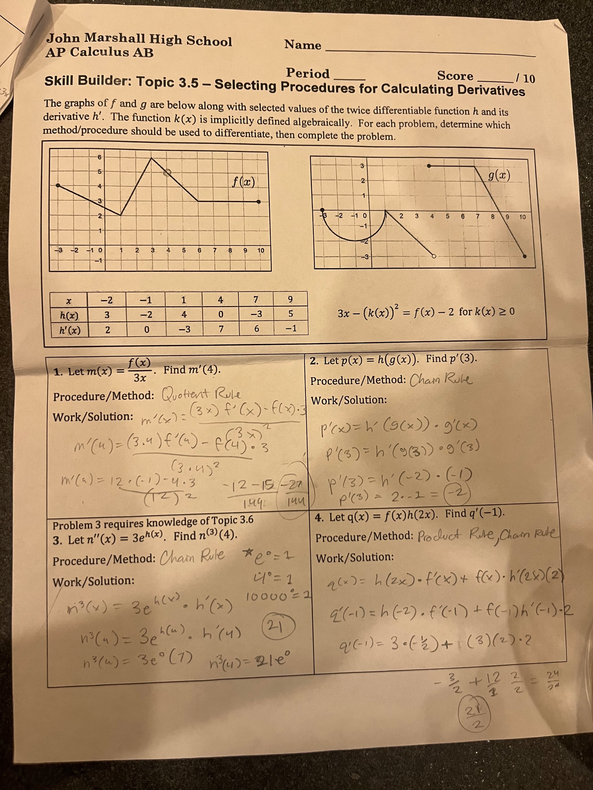AP Calculus AB Skill Builder: Selecting Procedures for Derivatives ...