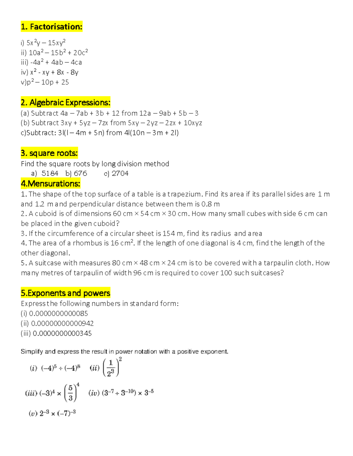 Important Questions for Class 9: Factorisation, Algebra, Roots ...