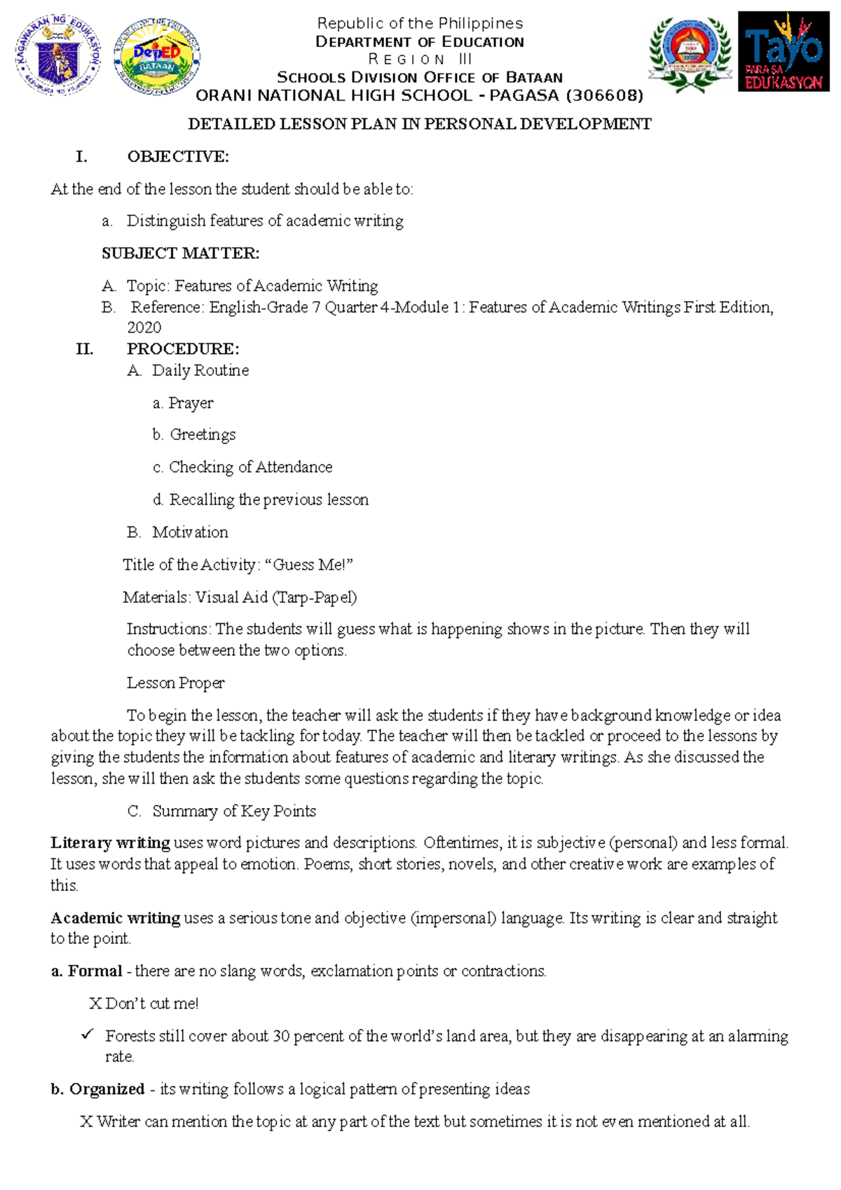 Q4 ENG7 L1 Academic Writing - DETAILED LESSON PLAN IN PERSONAL ...