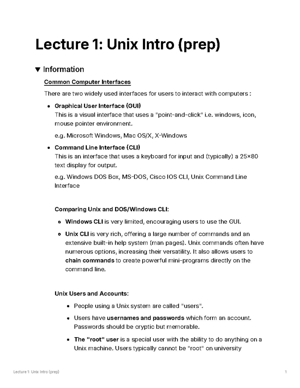 Lecture 1: Introduction to Unix and Command Line Interfaces - Studocu