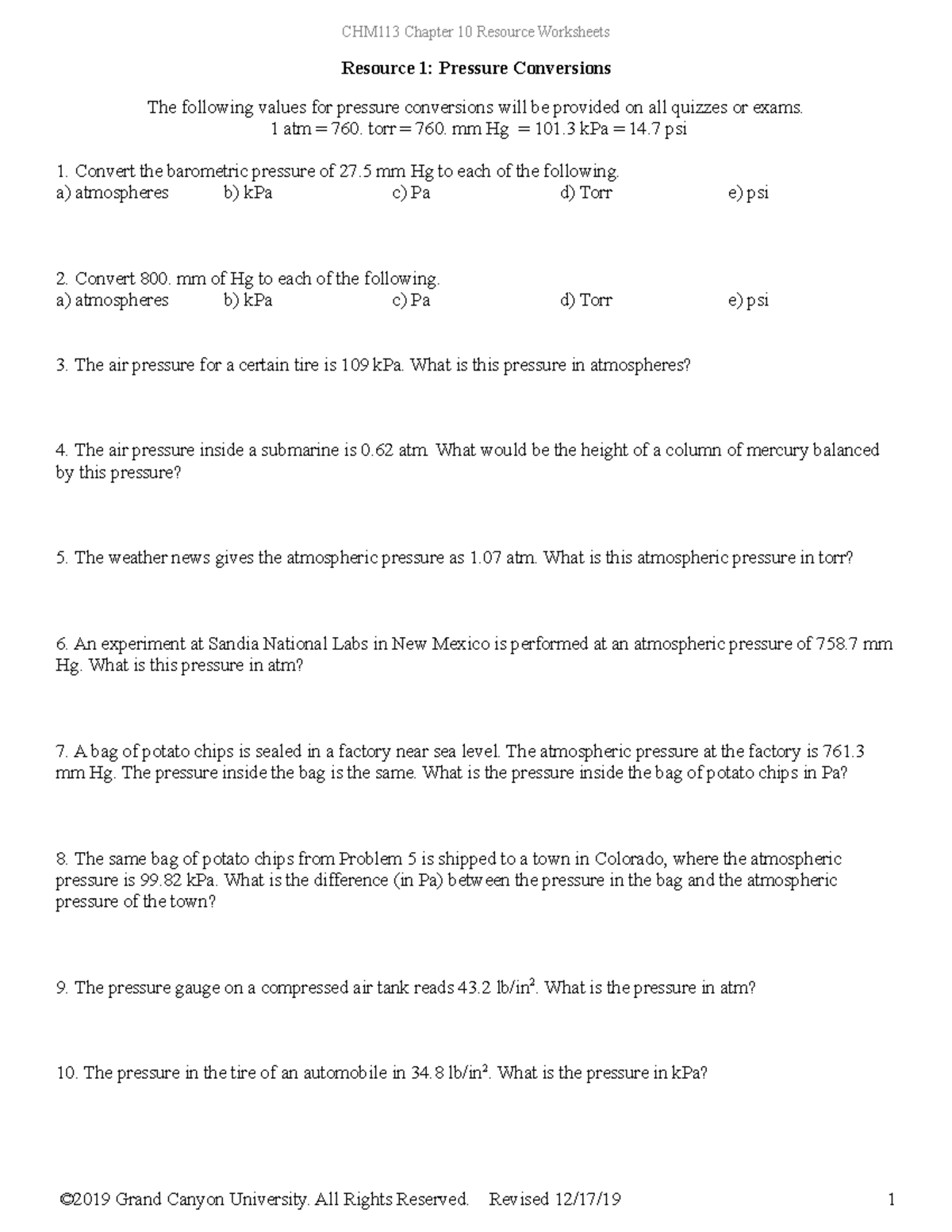 CHM113 T6 Ch10 Worksheets - Resource 1: Pressure Conversions The ...