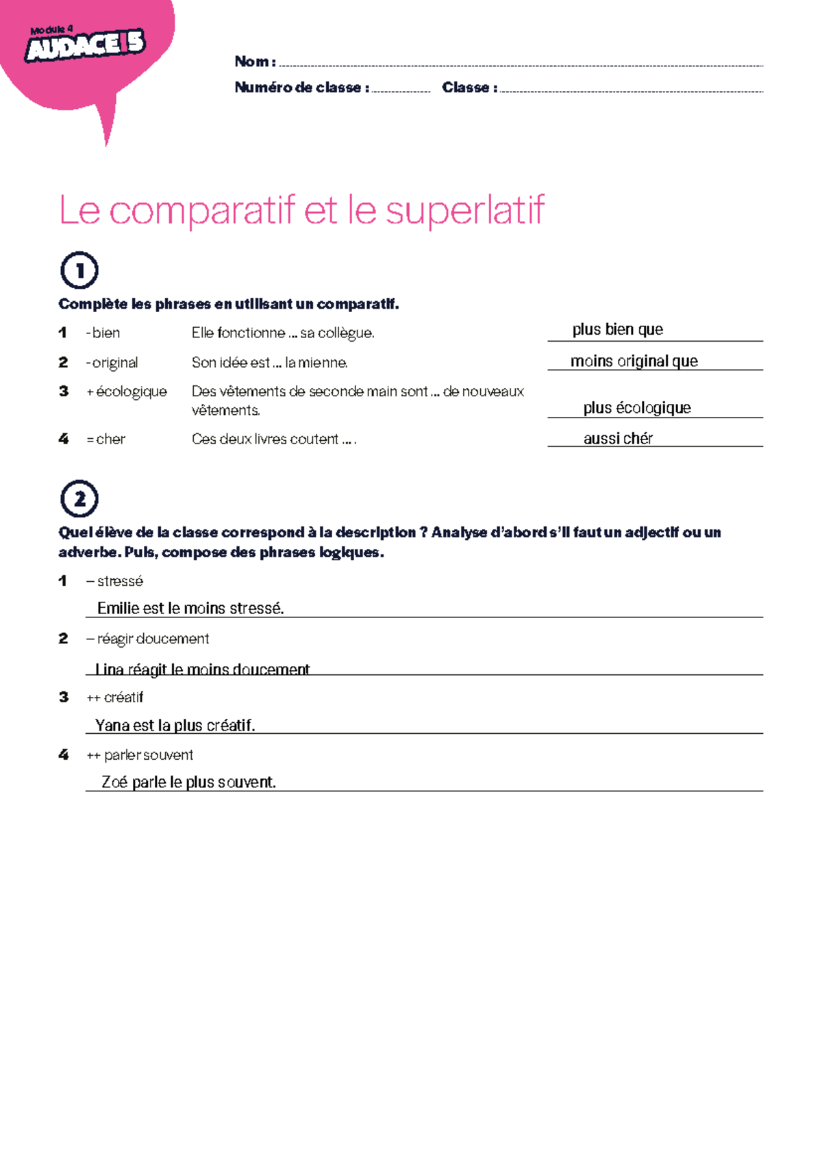 Module 4 : Le comparatif et le superlatif - Exercices Complétés - Studocu