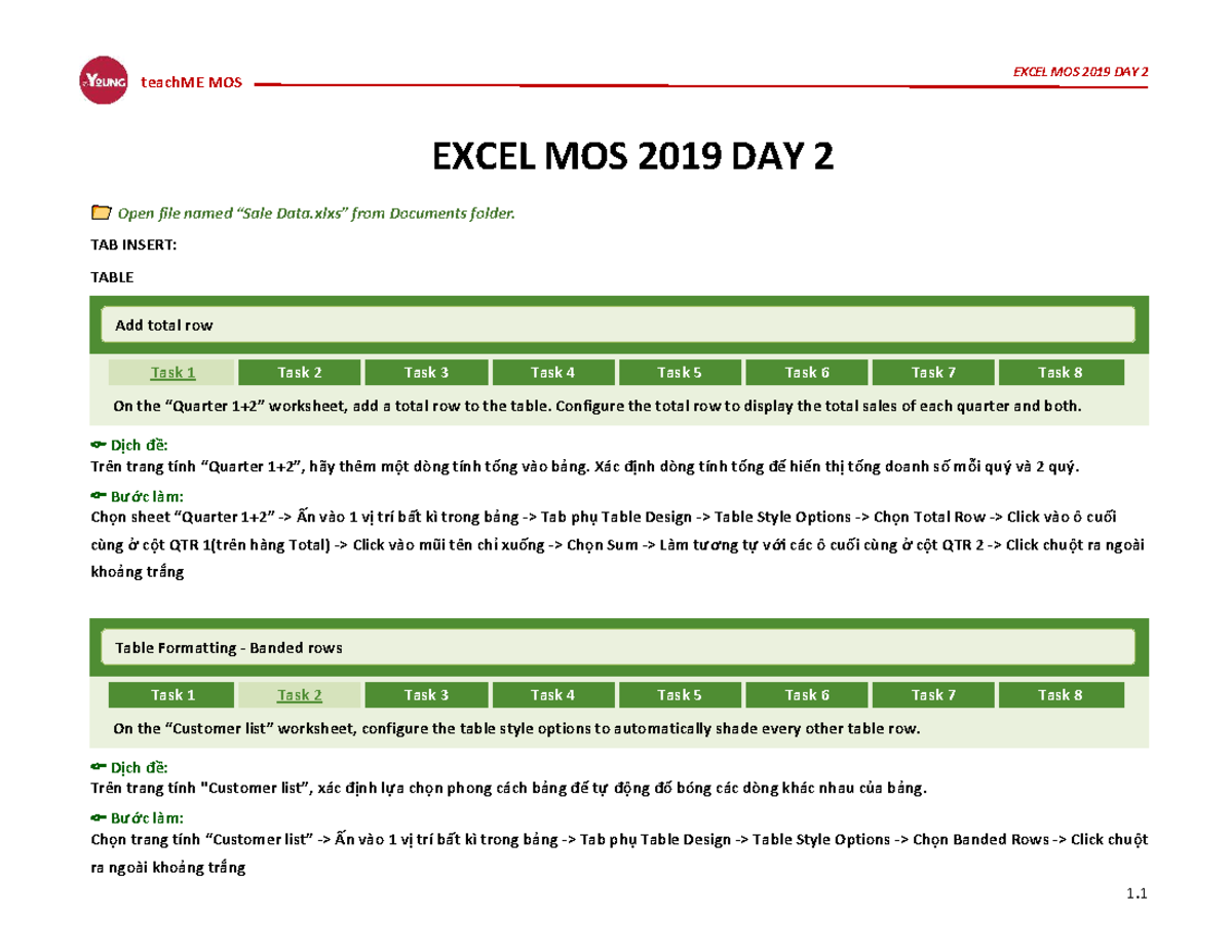 Excel MOS 2019 Day 2: Adding Totals, Charts, and Hyperlinks - Studocu