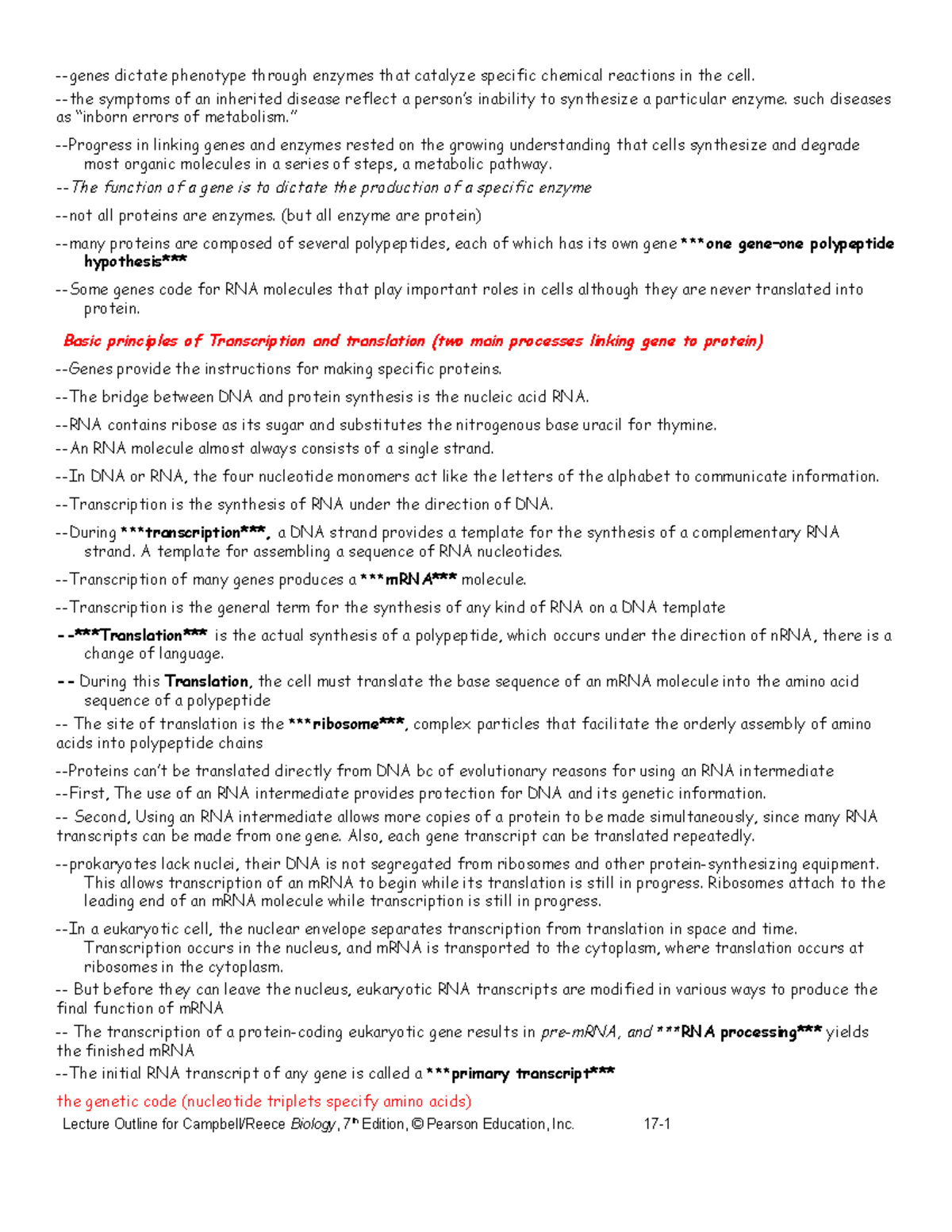 Biology 17: Chapter Notes on Gene Expression and Protein Synthesis ...