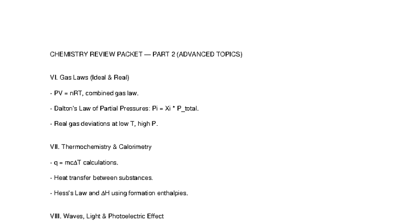 CHEM 101 FINAL EXAM REVIEW PACKET PART 2: GAS LAWS & THERMOCHEMISTRY ...
