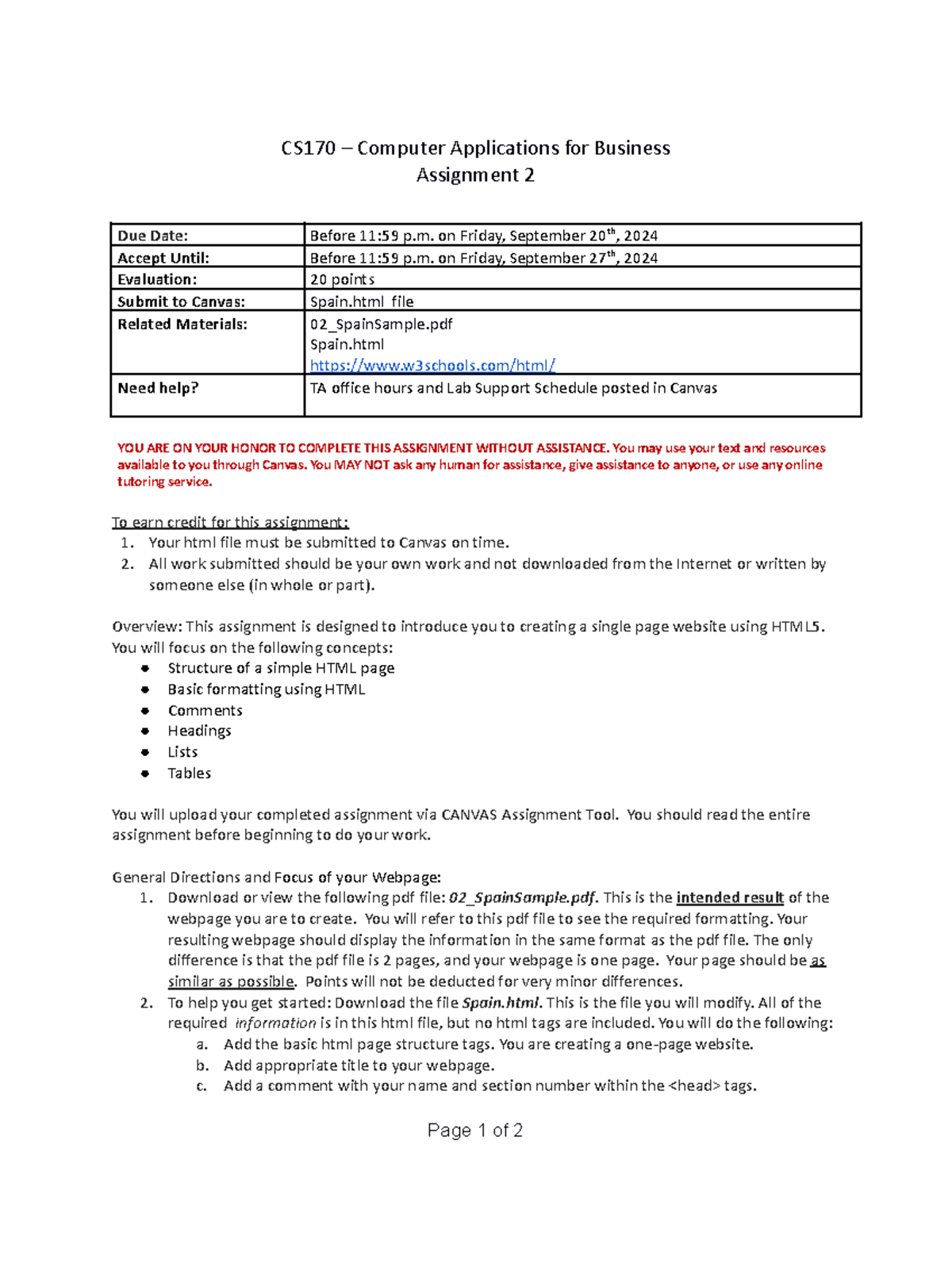 02 Assignment Basic HTML - CS170 – Computer Applications for Business ...