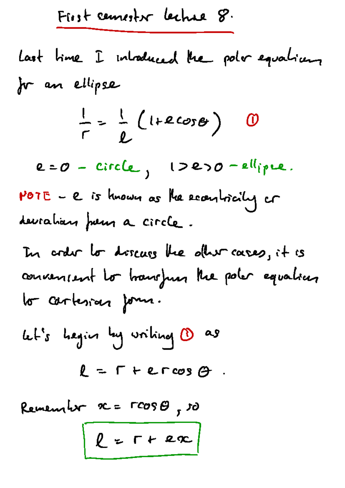 First Semester Lecture 8: Conic Sections and Polar Equations - Studocu