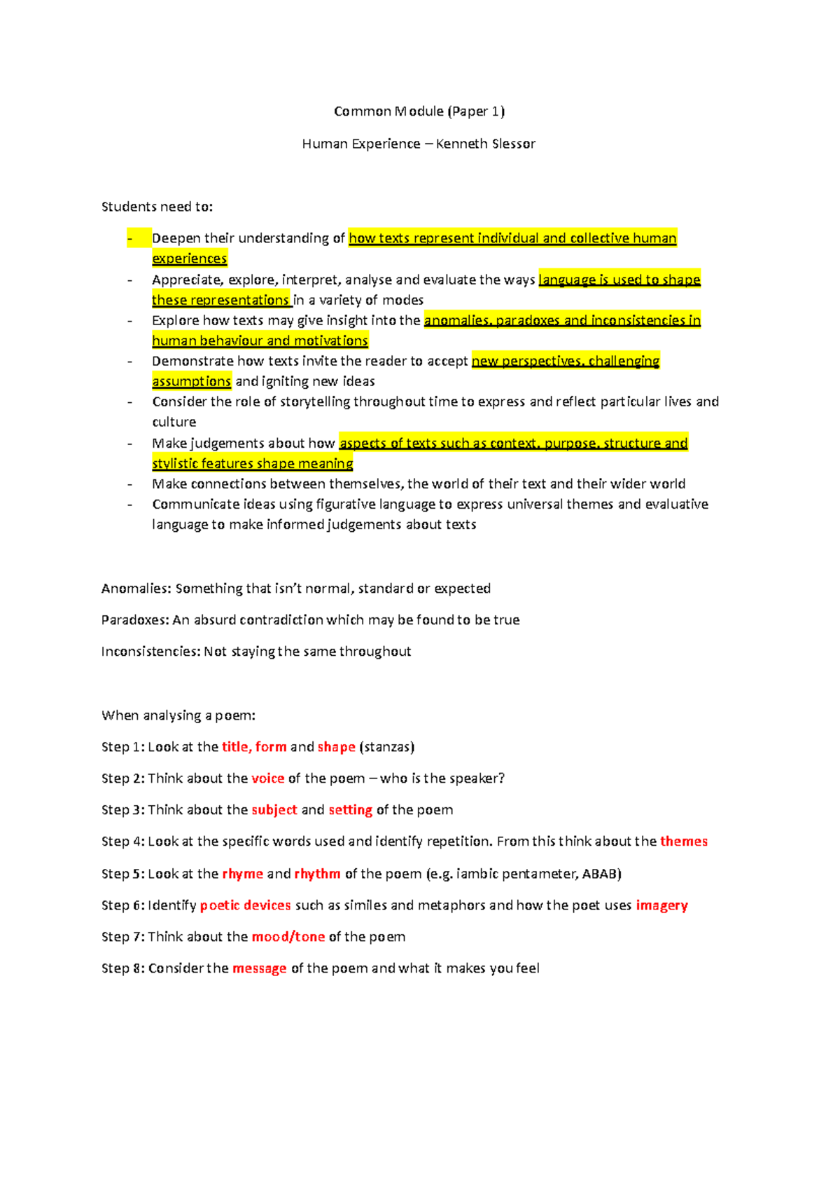 Kenneth Slessor Common Module - Human Experience Notes - Common Module ...