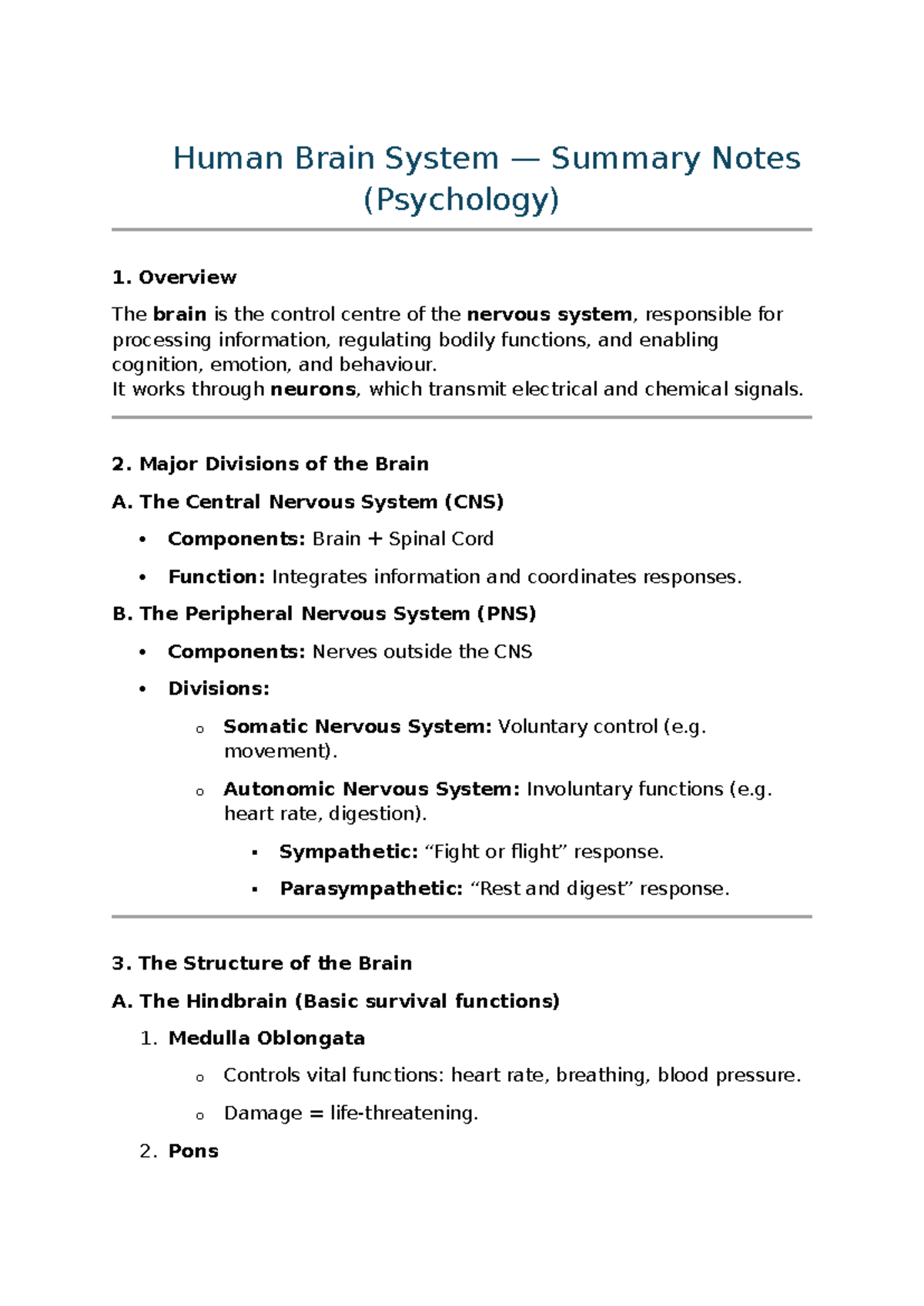 Human Brain System Summary Notes (Psychology) - Studocu