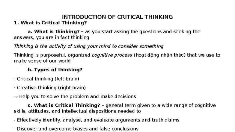 Introduction to Critical Thinking: Concepts and Benefits - Studocu